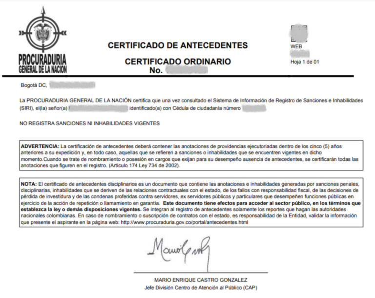 Certificado De La Procuraduría Trámites Y Diligencias